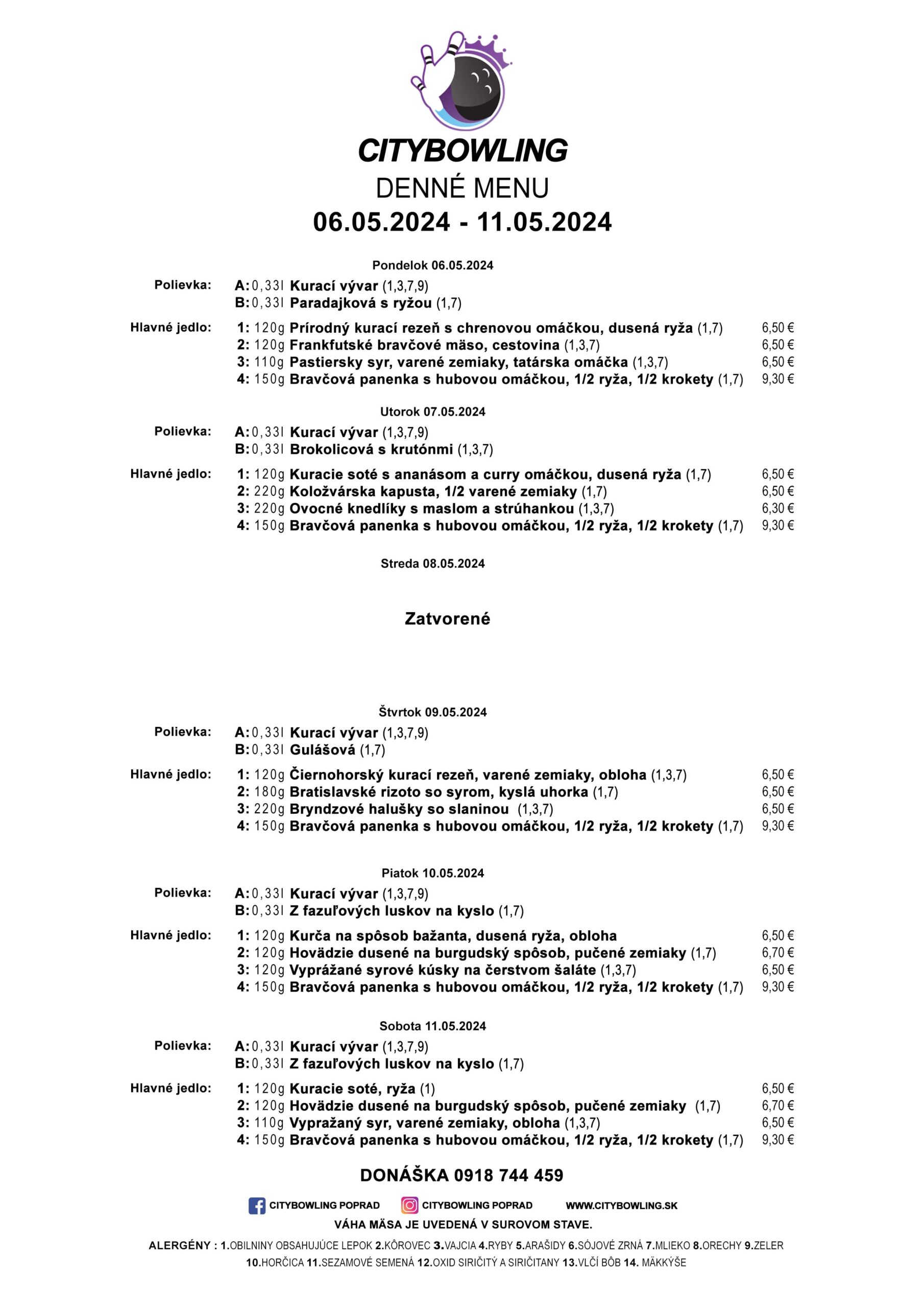 Denné menu – 6.5.2024 – 11.5.2024, CITYBOWLING POPRAD v CITYBOWLING ...